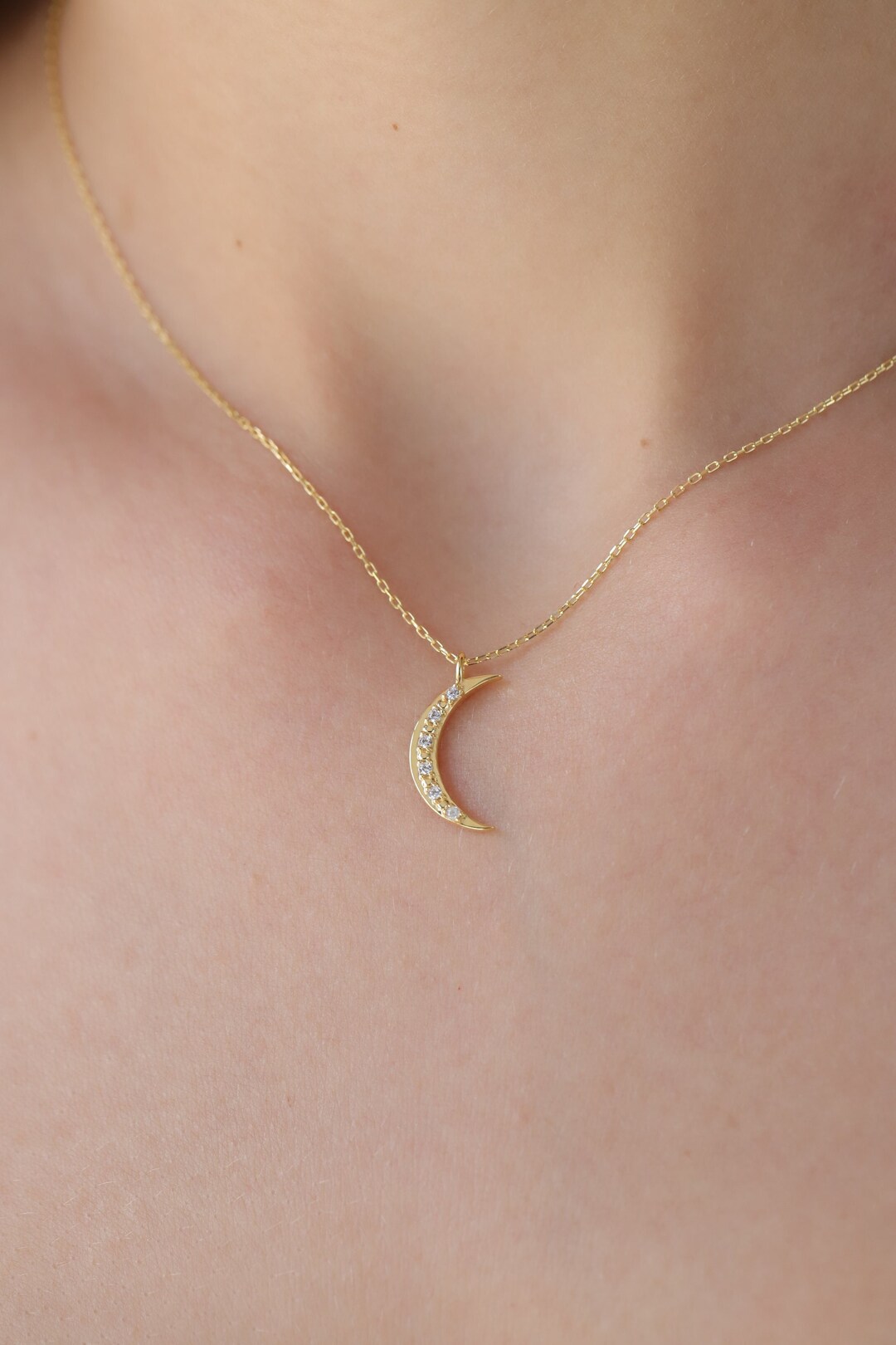 Real Gold Diamond Moon Necklace – 10K/14K Crescent Pendant - Etsy