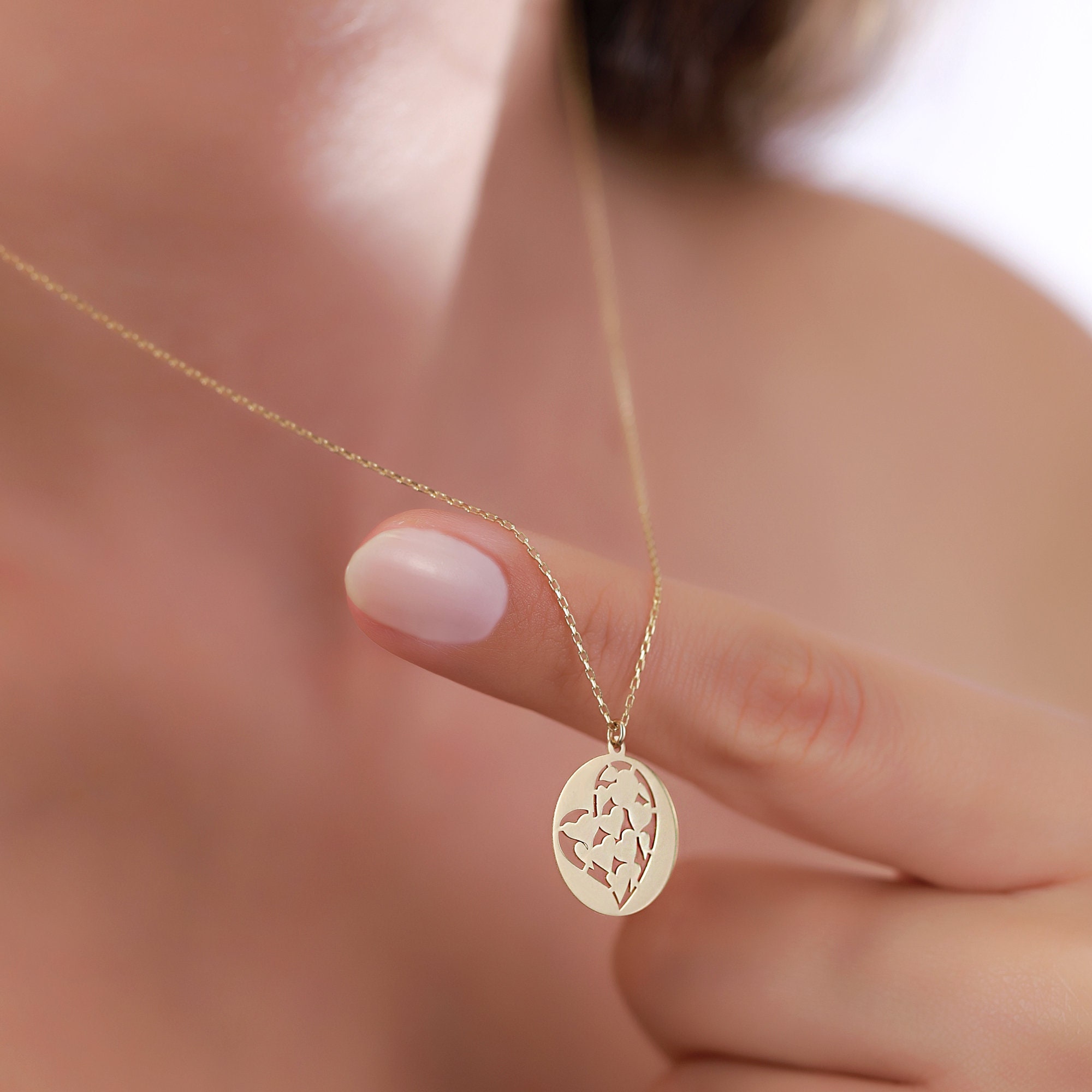 Elegant 14K Gold Heart Disc Necklace for Women Minimalist Solid Gold ...