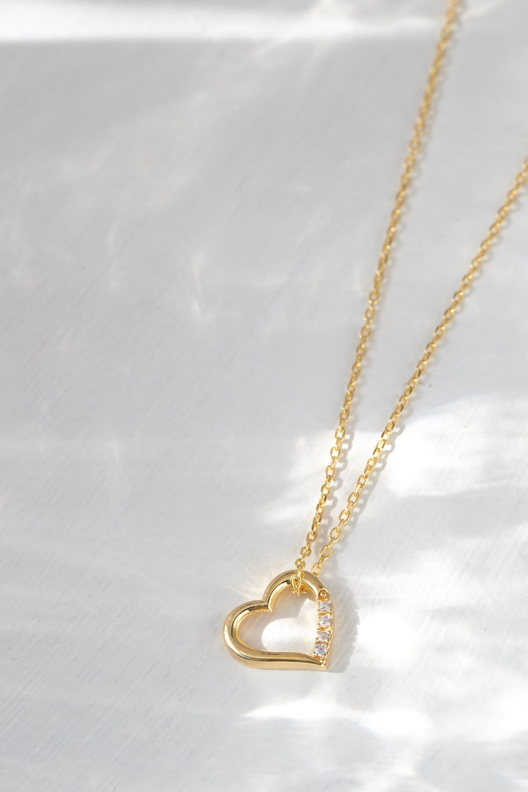 14k Real Gold Diamond Tiny Heart Necklace Women's 14k Gold Open Heart ...