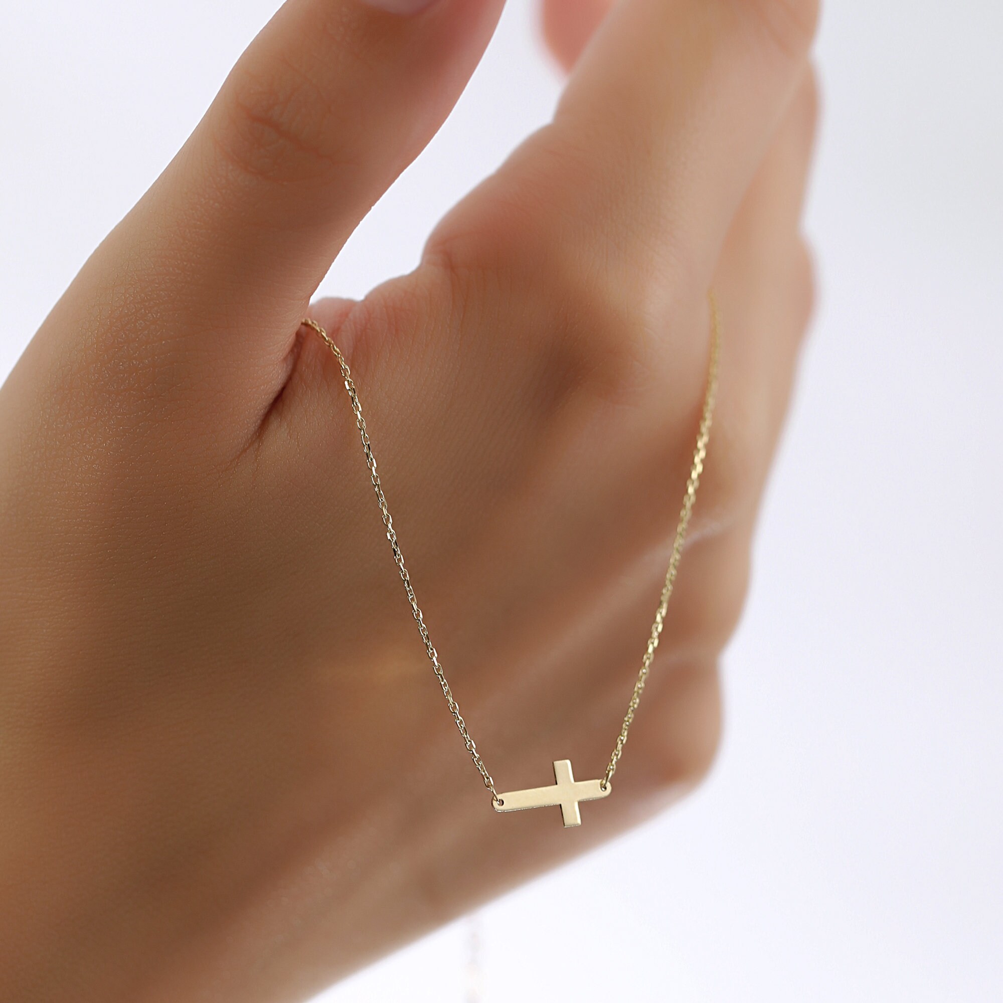 Sideway Cross Necklace in 14 Solid Gold for Women Horizontal Cross ...