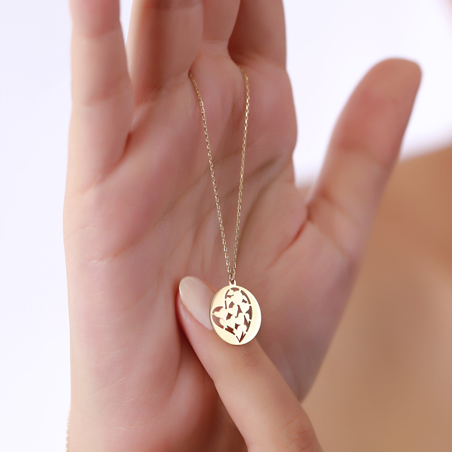 Elegant 14K Gold Heart Disc Necklace for Women Minimalist Solid Gold ...