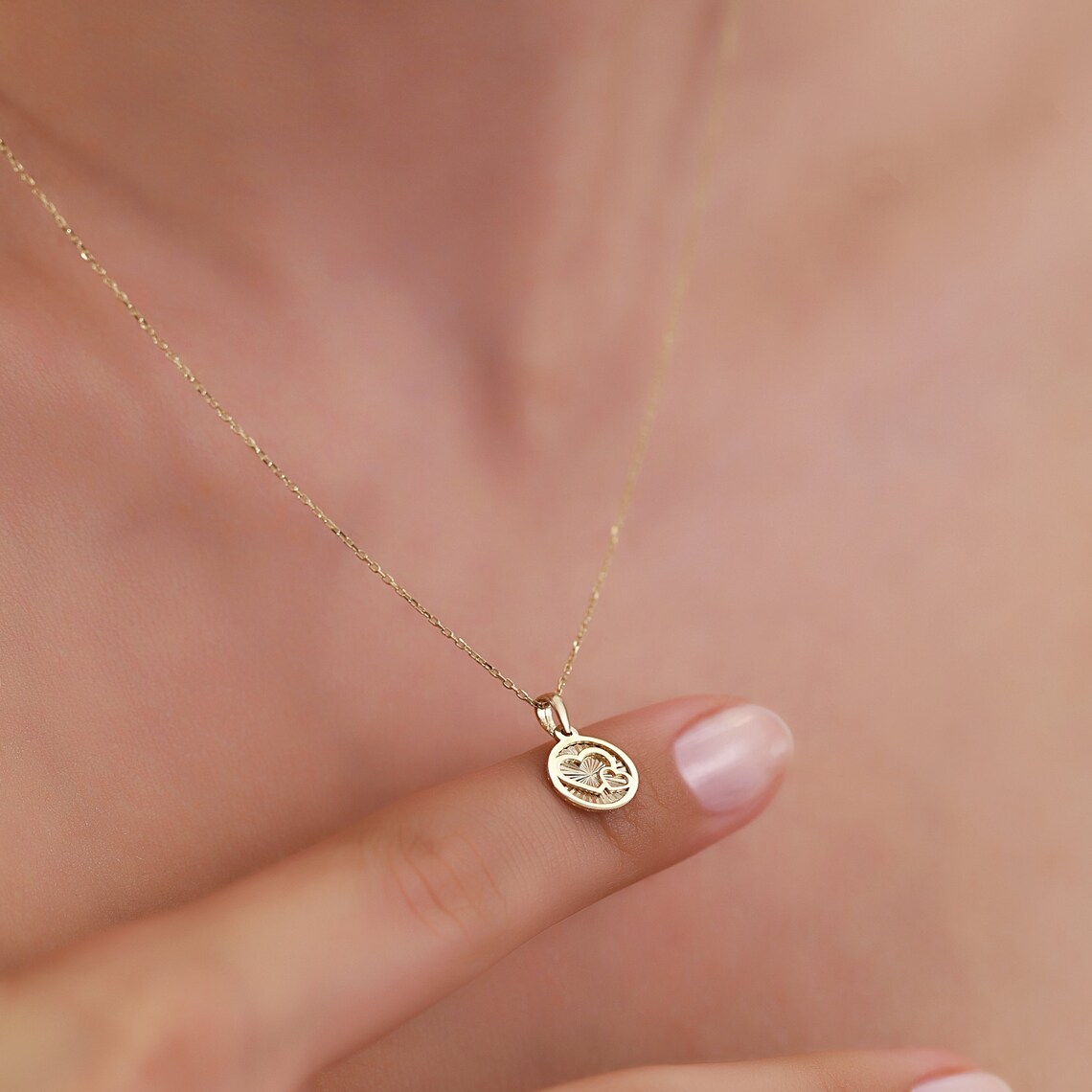14K Real Gold Heart Disc Necklace for Women Minimalist Gold Necklace ...