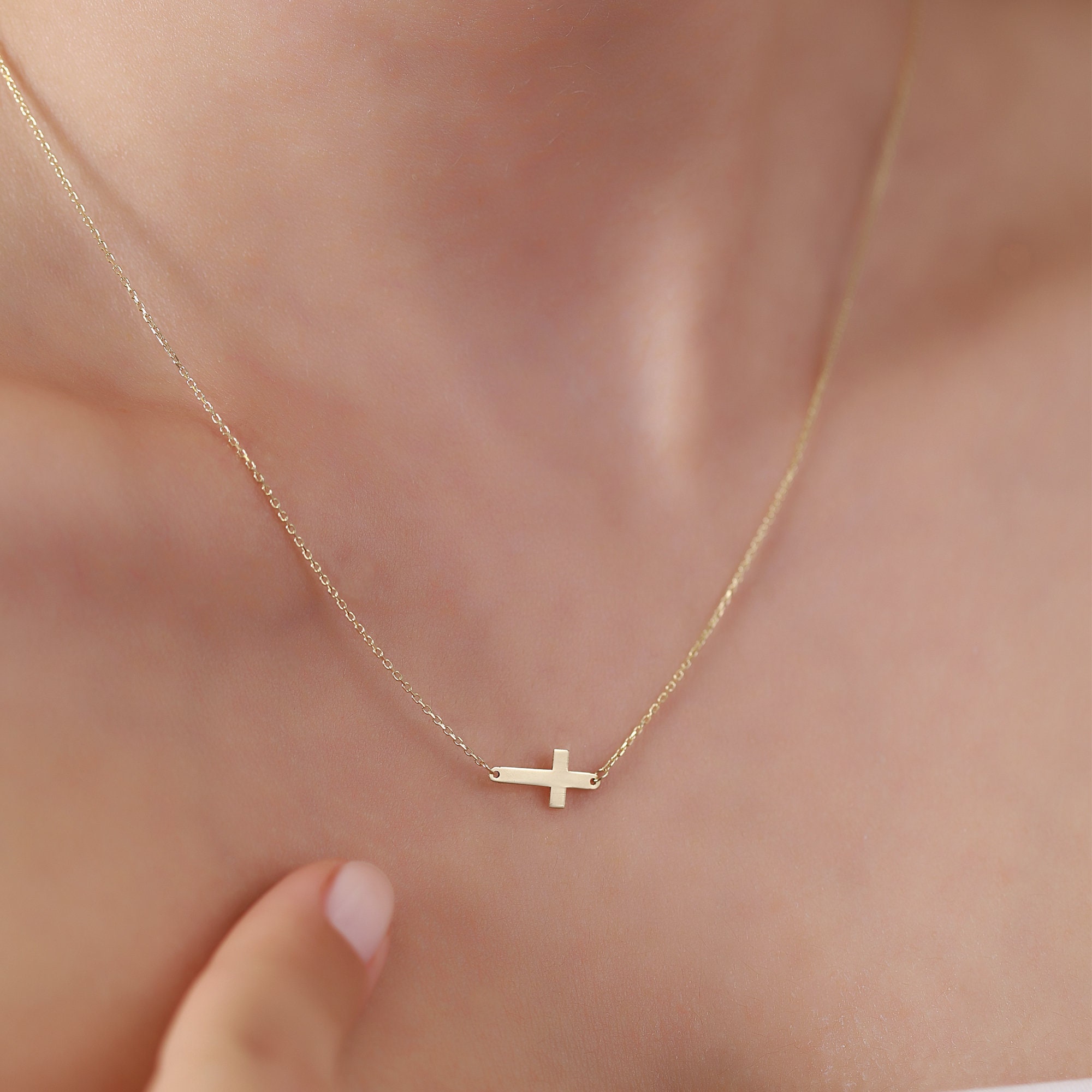 Sideway Cross Necklace in 14 Solid Gold for Women Horizontal Cross ...