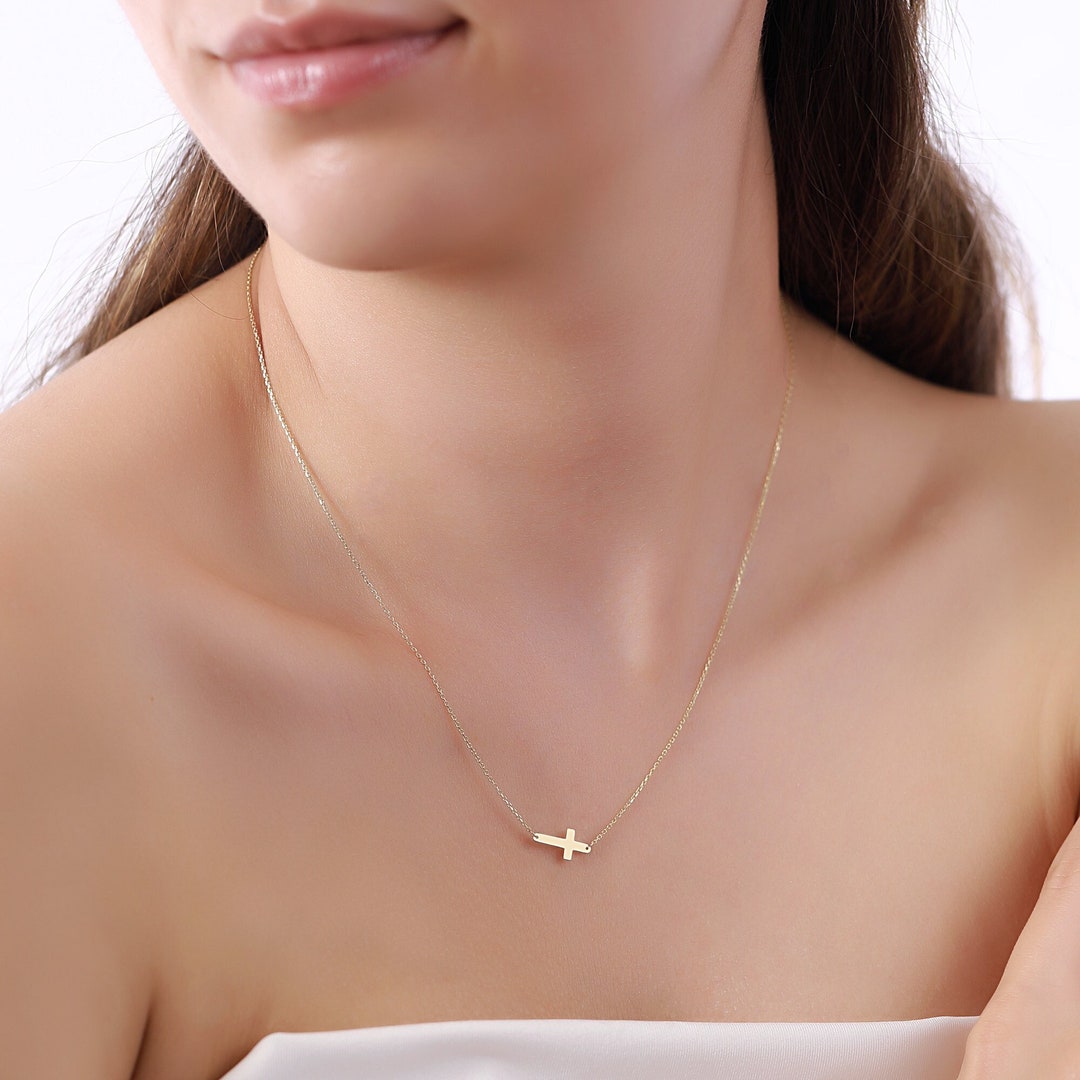 Sideway Cross Necklace in 14 Solid Gold for Women Horizontal Cross ...