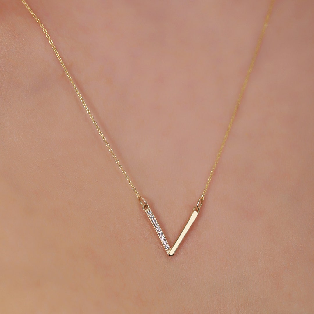 Solid Gold Diamond V Necklace – 10k/14k Chevron Pendant, Fine Layering ...