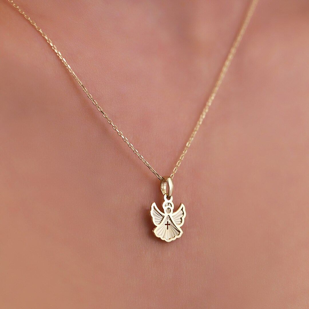 14K Solid Gold Angel Cross Pendant Necklace | Religious Jewelry - Etsy