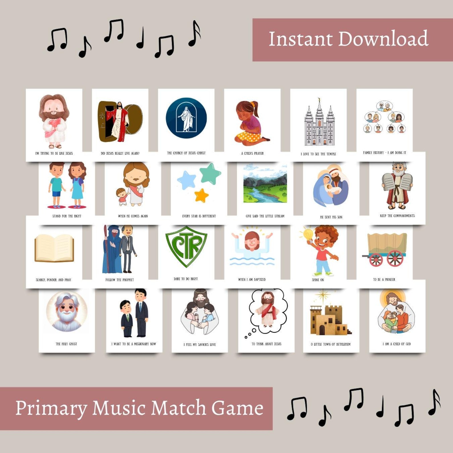 Primary Songs Match Game, LDS Nursery Music (printable) - Etsy
