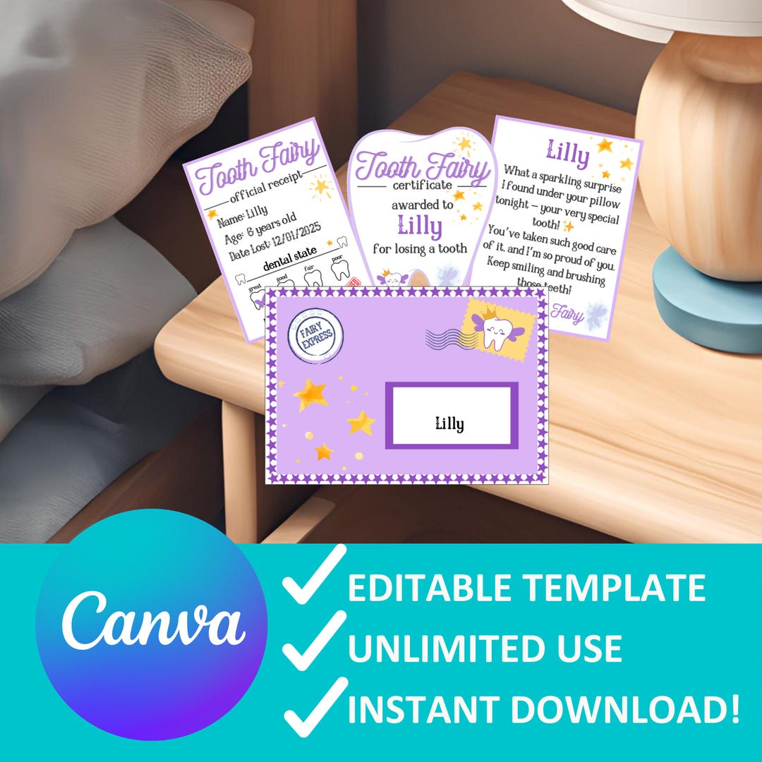 Tooth Fairy Printable Set, Tooth Fairy Letter, Certificate and Envelope ...