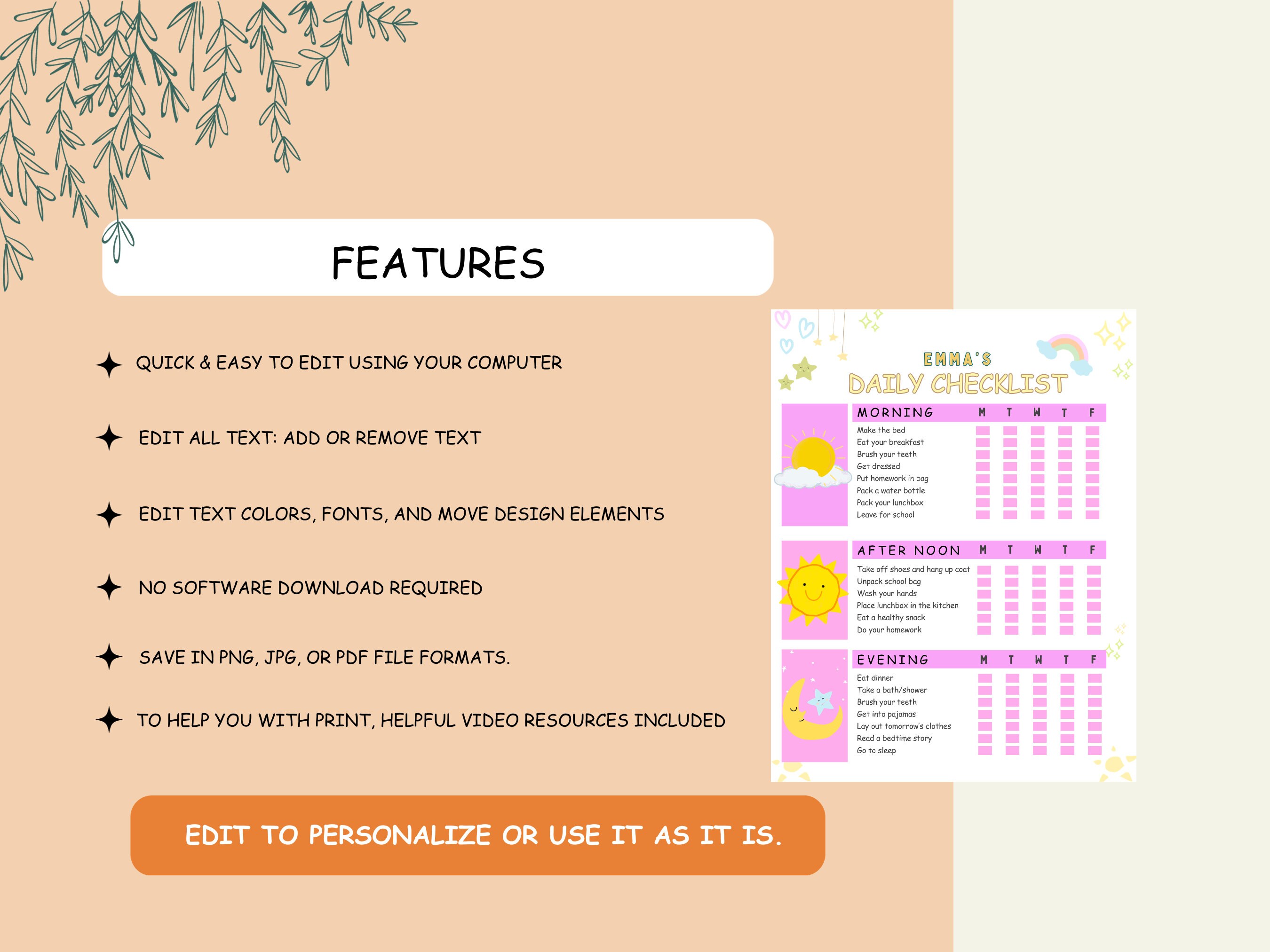 Editable School Day Checklist for Kids Printable Kids Chore - Etsy