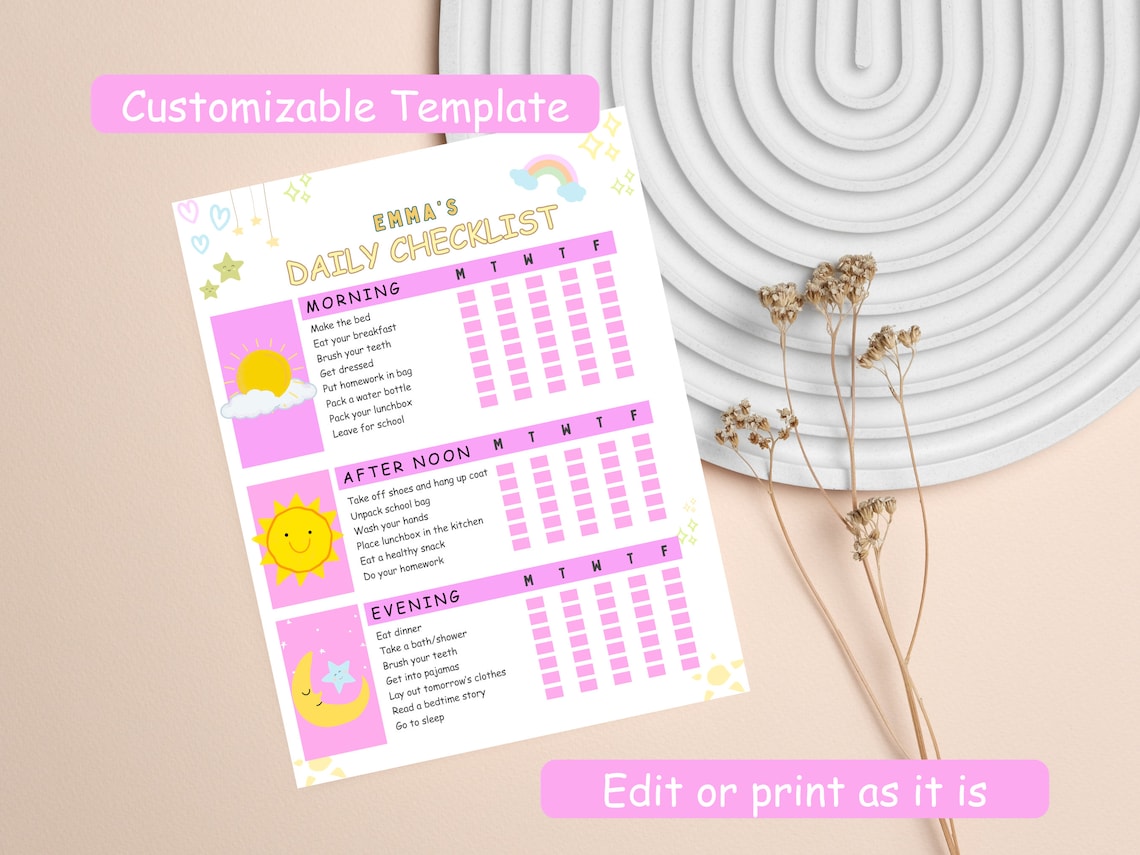 Editable School Day Checklist for Kids Printable Kids Chore - Etsy