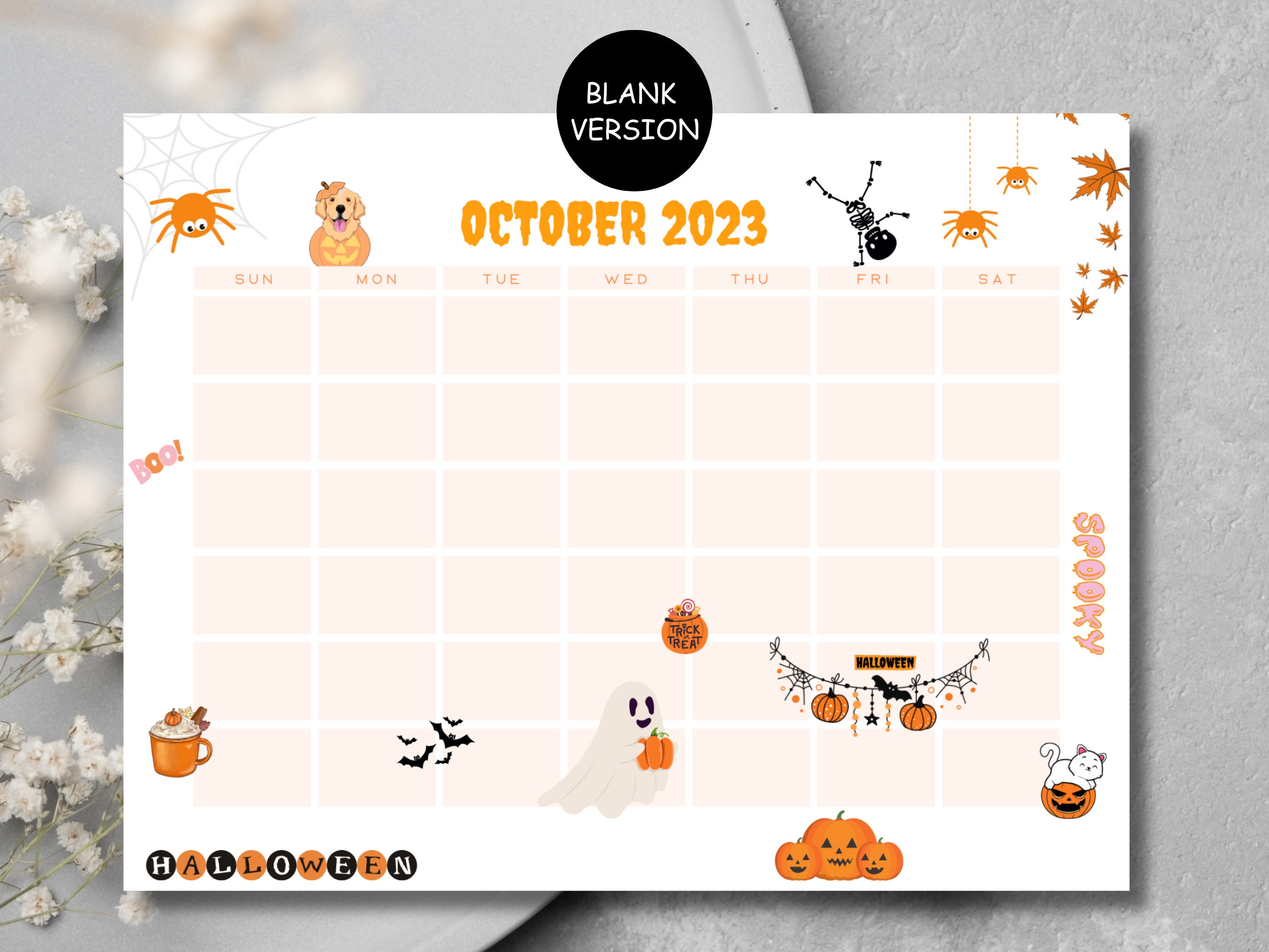 Printable BLANK October Calendar Planner, Holiday Themed Calendar, Cute ...