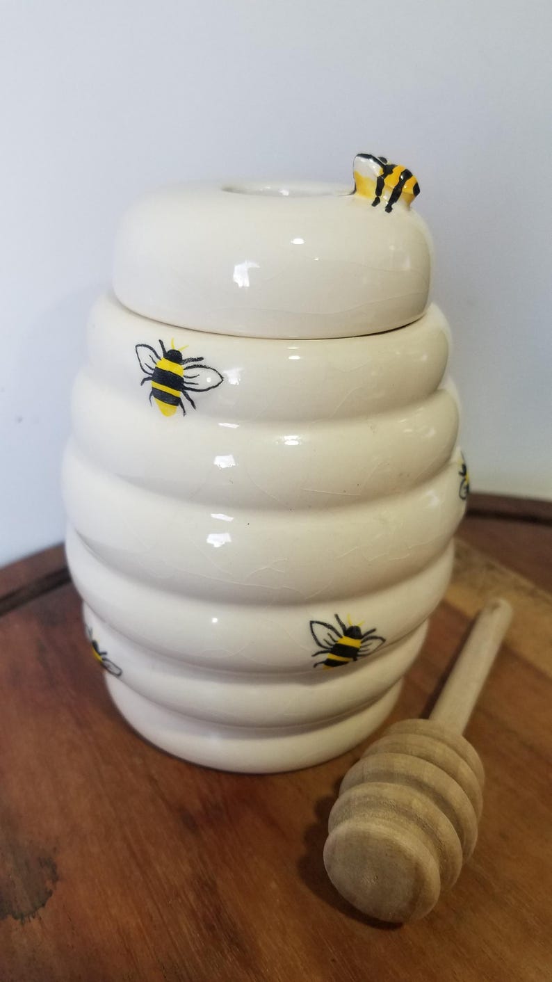 Vintage Beehive Skep Honey Pot Bees Flowers With Dipper Spoon & Lid - Etsy
