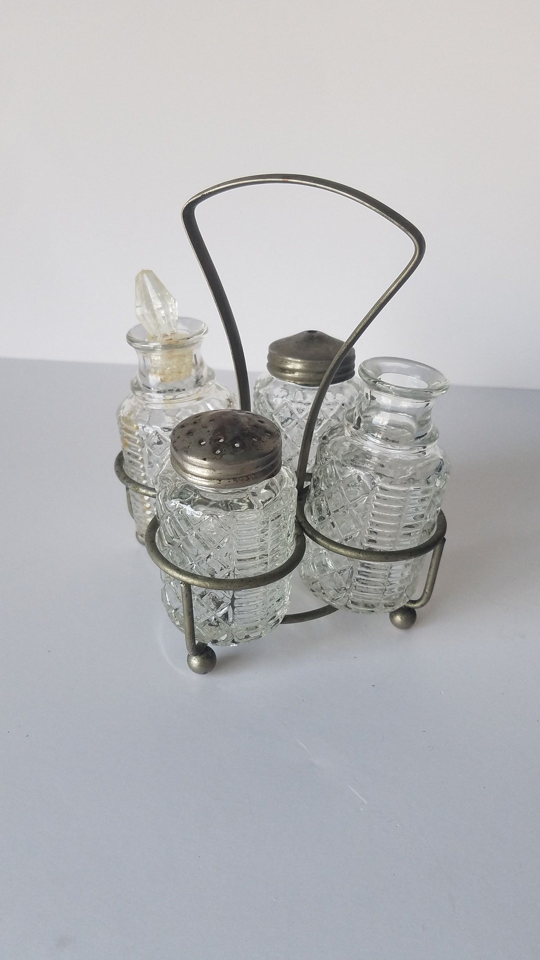 Tales of Sheffield Cut Glass Jars & Tote / Salad Set / Salt and Pepper ...