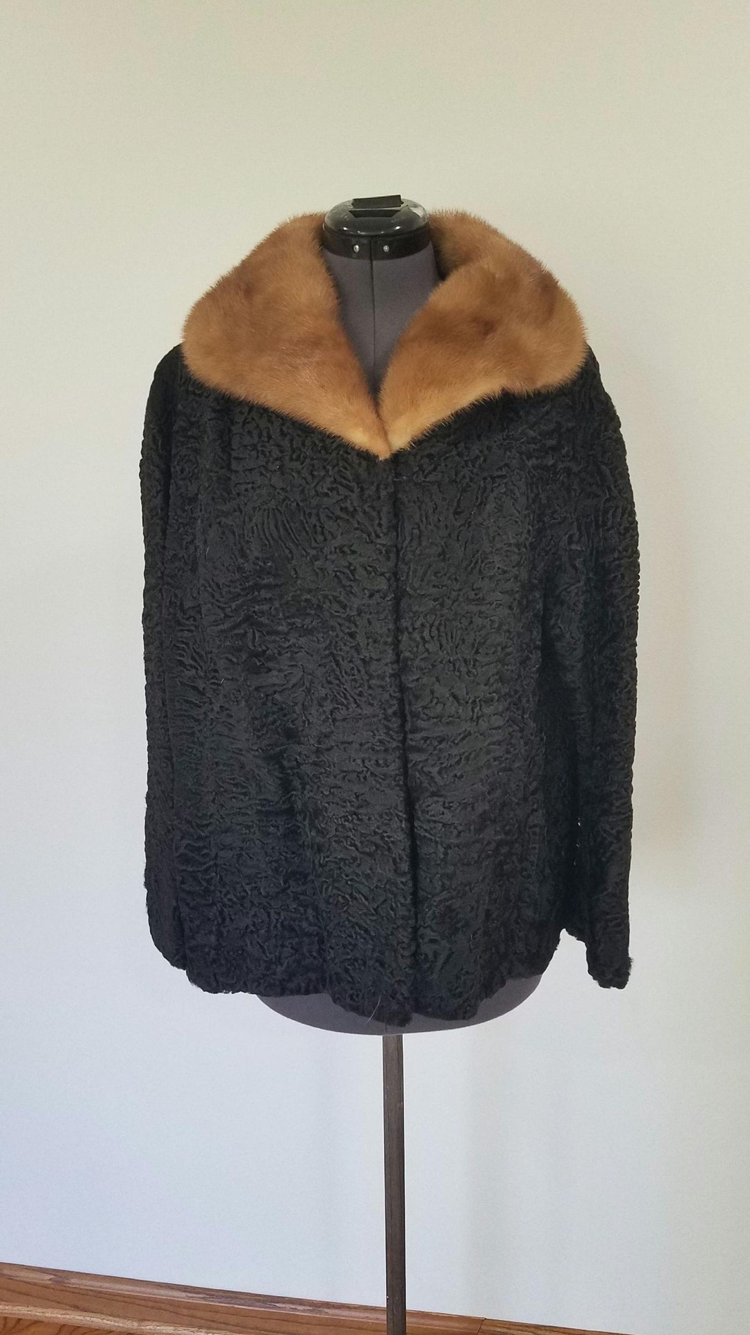 Vintage Black Karakul Sheep and Tan Mink Collar Fur Coat by Gaylon ...