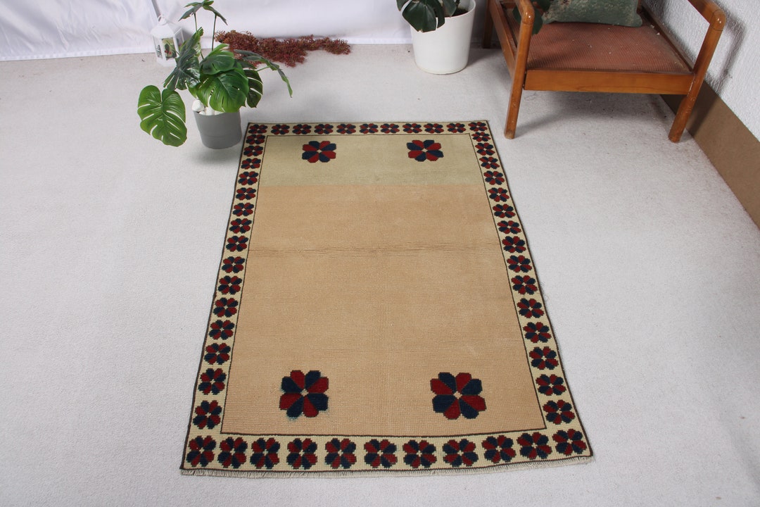 Turkish Rug Vintage Small Rugs Oushak for Kitchen 3.1x4.5 Ft Brown ...