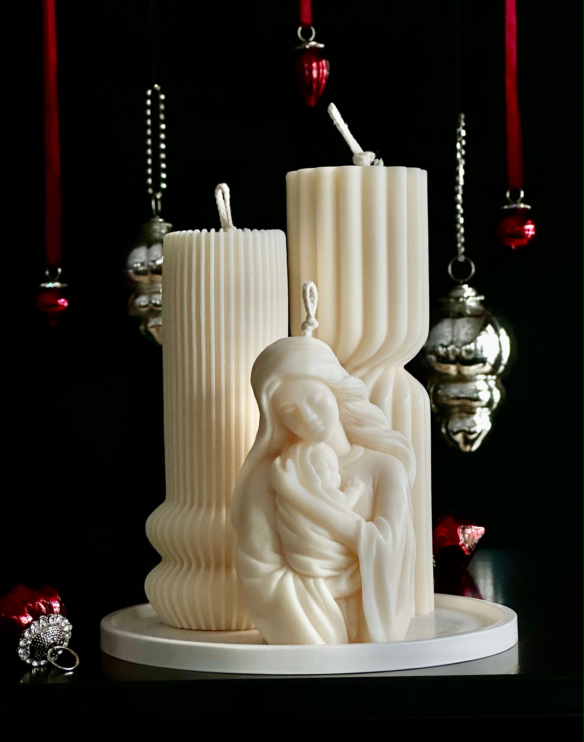 Candle Set of 3 With Tray, Mother Mary Candle, Mother With Baby, Soy ...