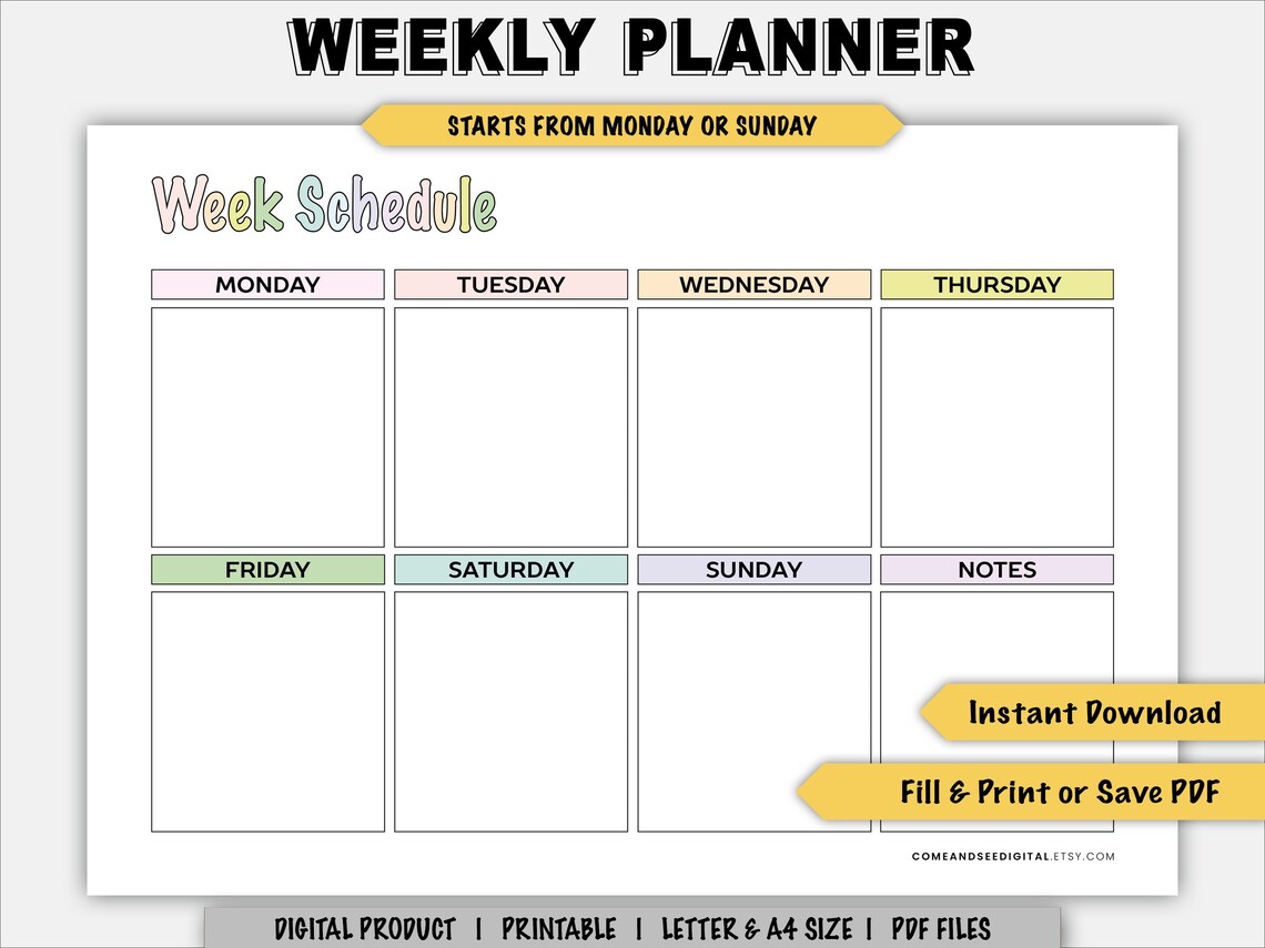 Weekly Schedule for Kids Printable, Wall Schedule, Digital Planner ...
