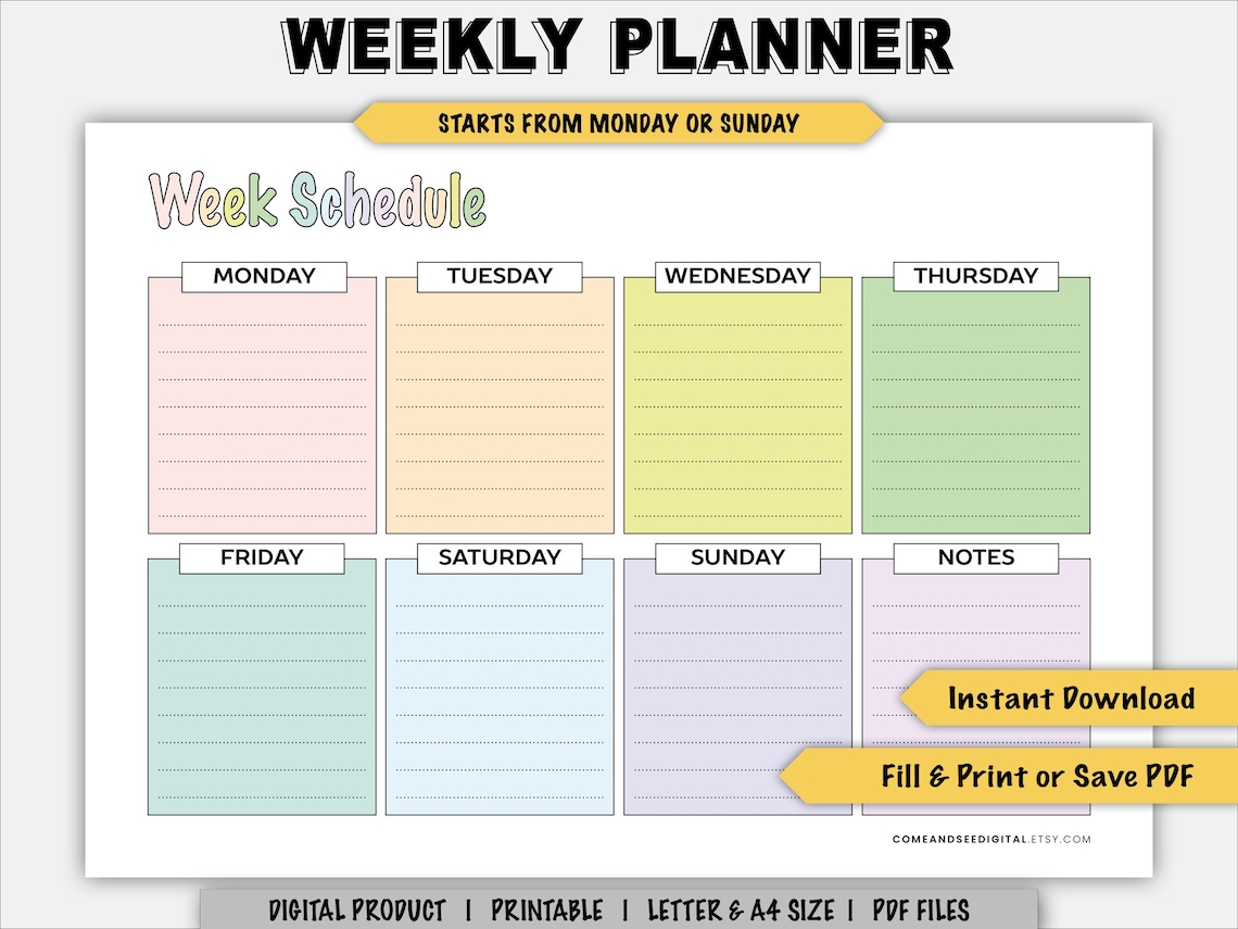 Weekly Schedule for Kids Printable, Wall Schedule, Digital Planner ...