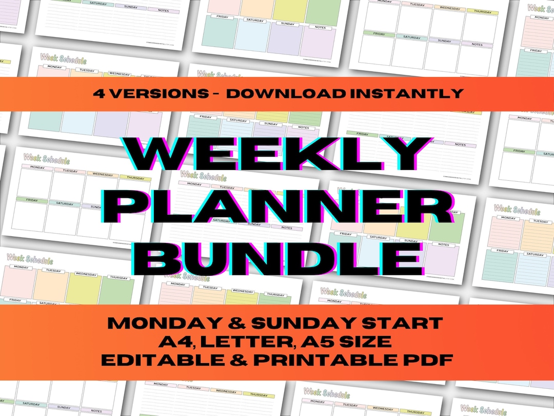 Kids Weekly Schedule Bundle Printable, Monday & Sunday Starts, A4*a5 ...
