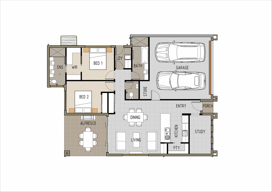 2 Bedroom Traditional House Design - Dimensioned Floor Plan & External ...