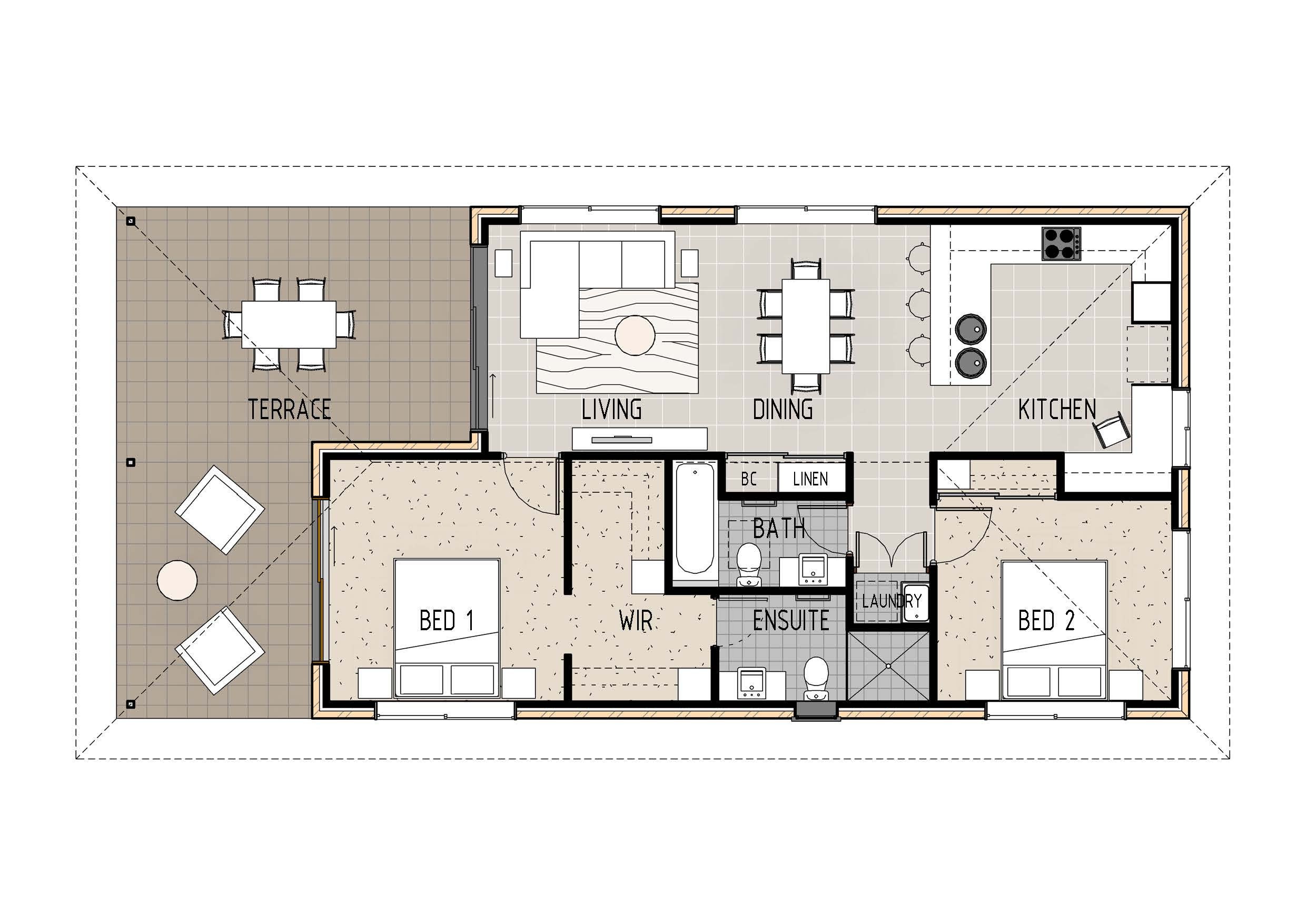 2 Bedroom Granny Flat Design: Dimensioned Floor Plan & Elevation ...
