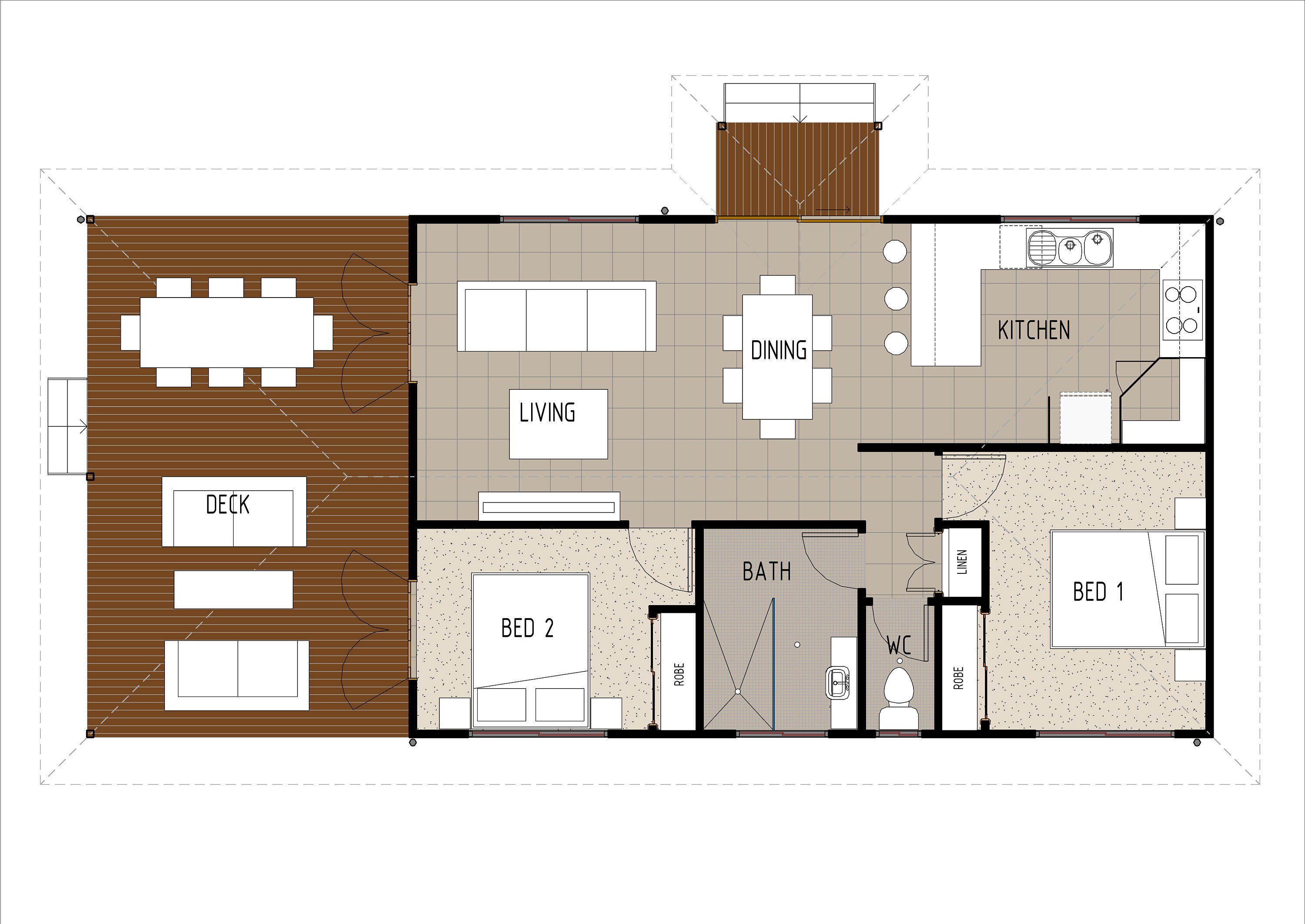 2 Bedroom Granny Flat Design: Dimensioned Floor Plan & Elevation ...