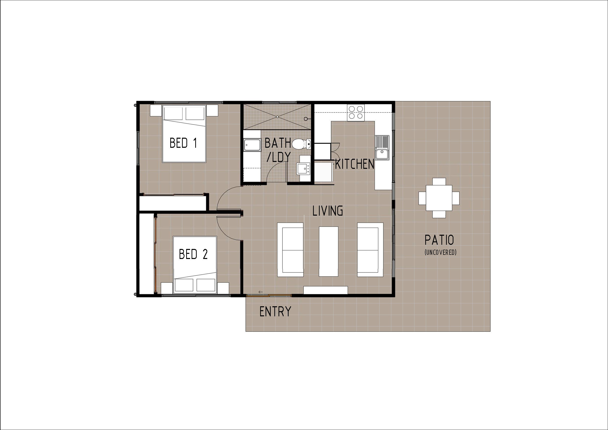 2 Bedroom Granny Flat Design - Dimensioned Floor Plan & External ...