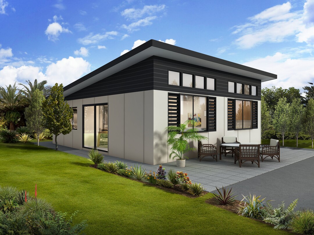 2 Bedroom Granny Flat Design - Dimensioned Floor Plan & External ...
