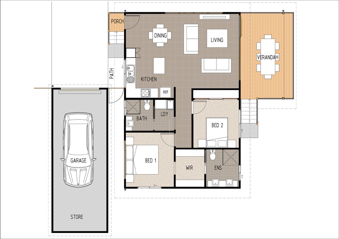 2 Bedroom Granny Flat Design: Dimensioned Floor Plan & Elevation ...