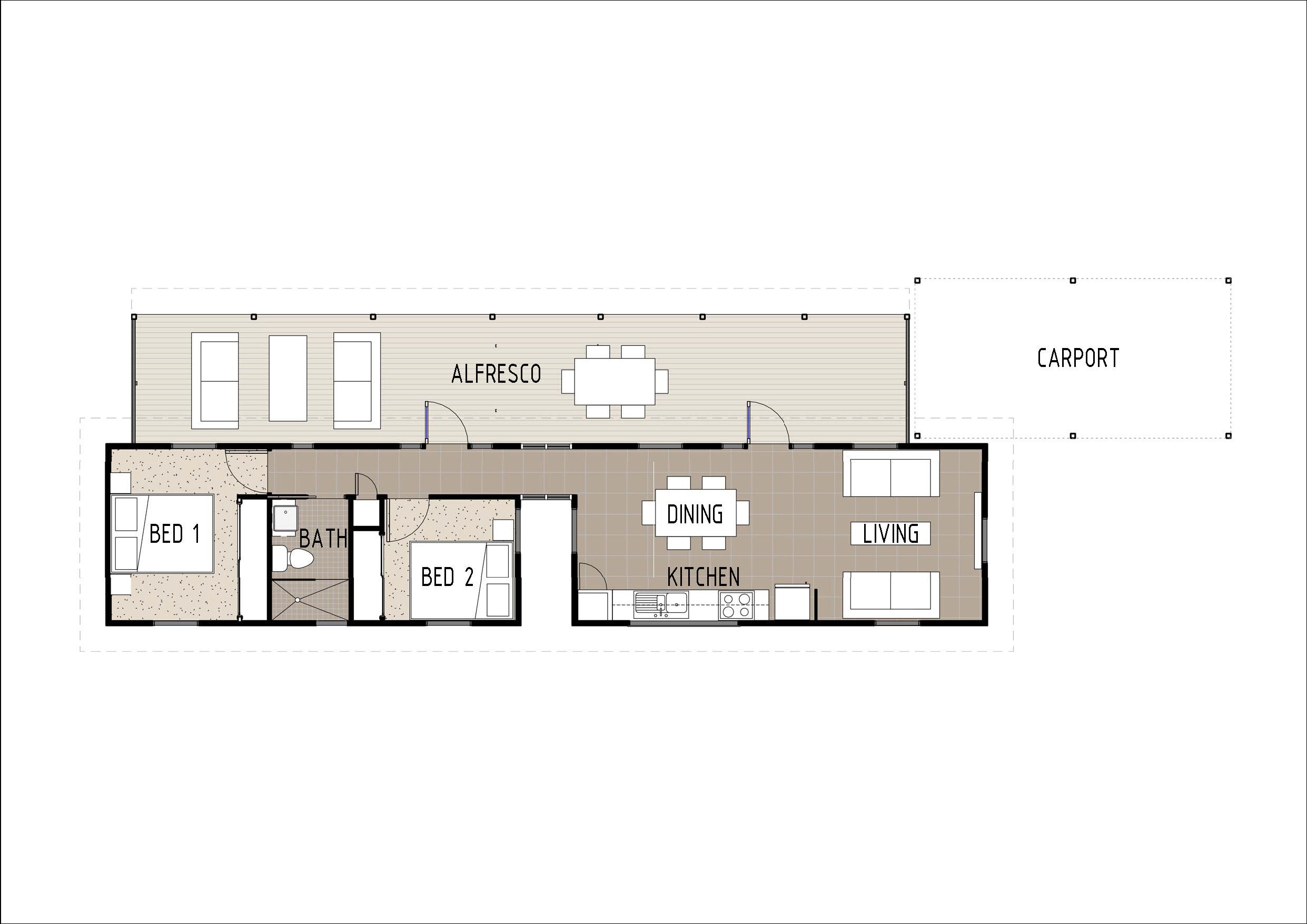 2 Bedroom Granny Flat Design - Dimensioned Floor Plan & External ...