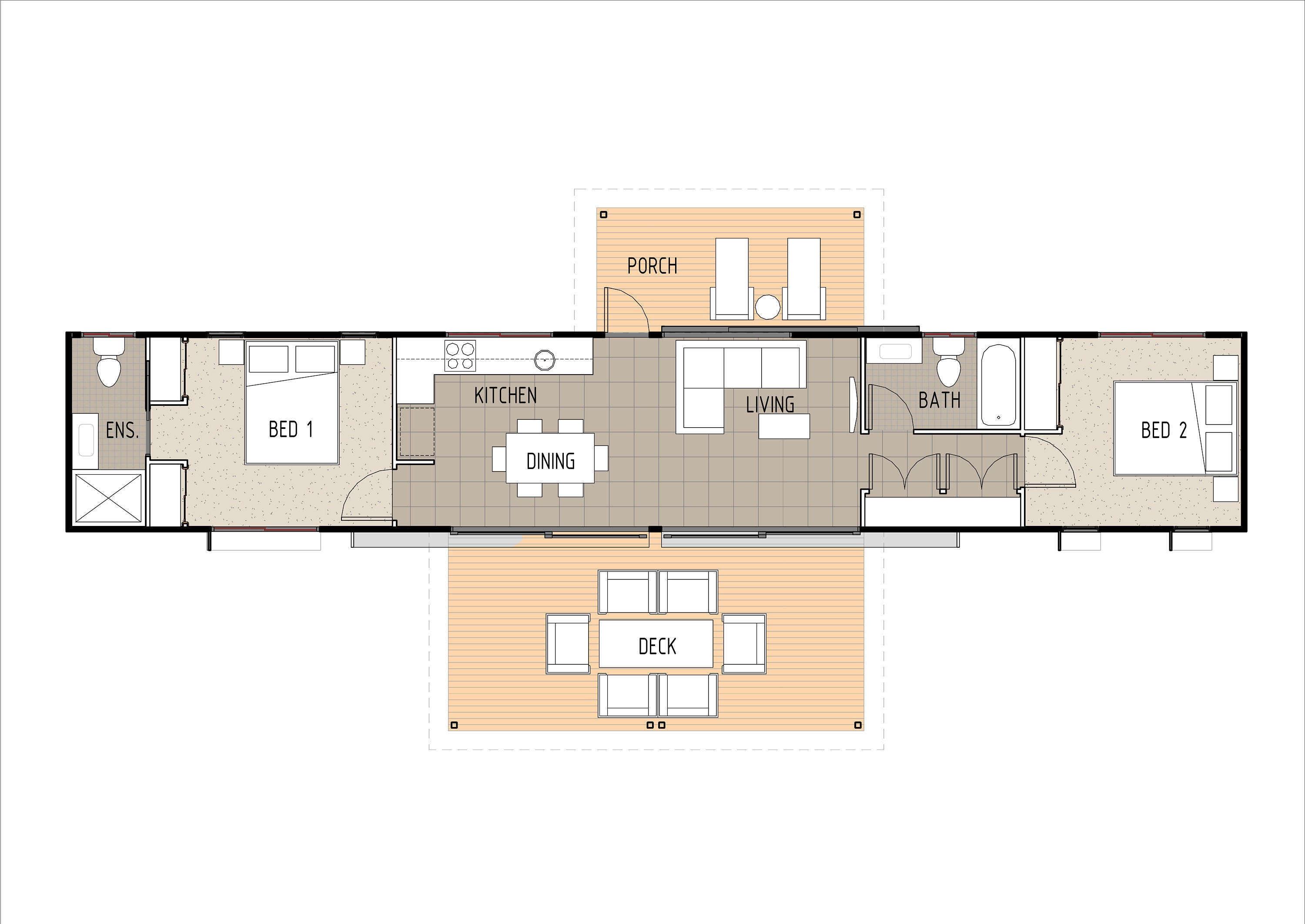 2 Bedroom Granny Flat Design: Dimensioned Floor Plan & Elevation ...