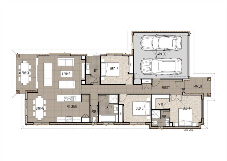 3 Bedroom Traditional House Design - Dimensioned Floor Plan & External ...