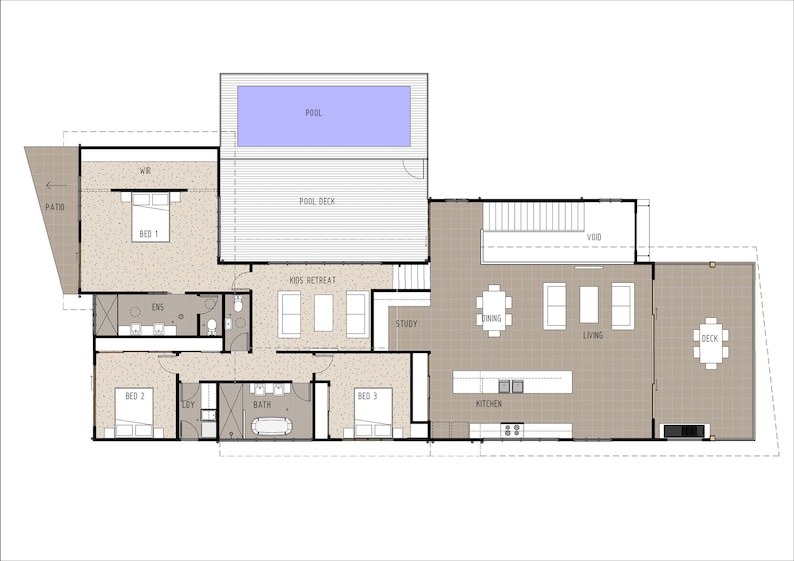 3 Bedroom Modern House Design Dimensioned Floor Plan & External ...