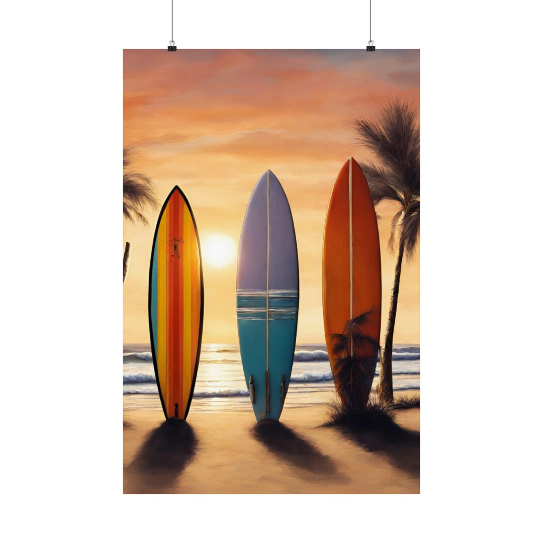 Coastal Surf Surfboard Matte Vertical Poster, Surfboards at Sunset ...