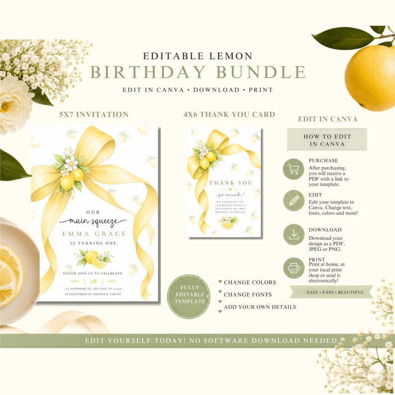 Editable Lemon First Birthday Invitation Bundle Template | Main Squeeze ...
