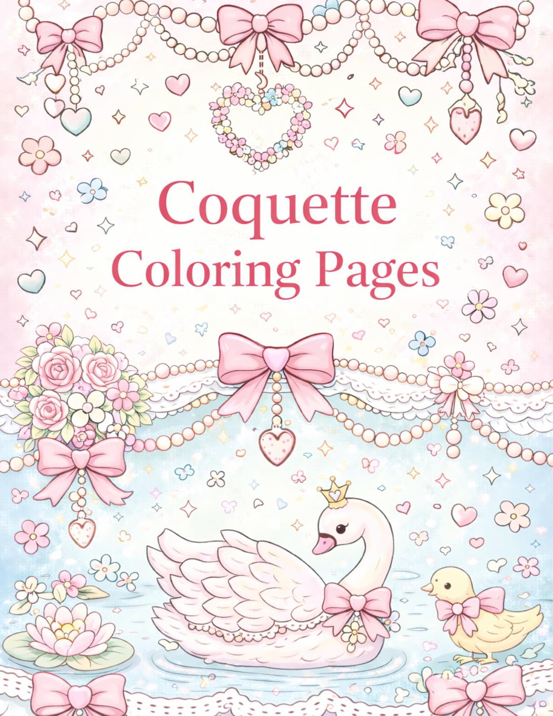 Coquette Aesthetic Coloring Pages, Pink Bows, Florals & Vintage Style ...