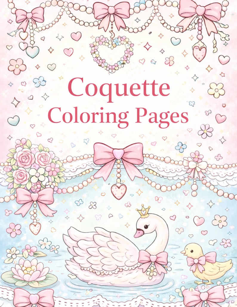 Coquette Aesthetic Coloring Pages, Pink Bows, Florals & Vintage Style ...