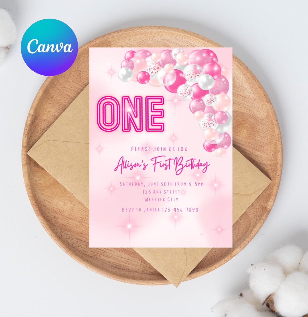 Neon Pink Balloon First Birthday Invitation, Editable Birthday Invite ...