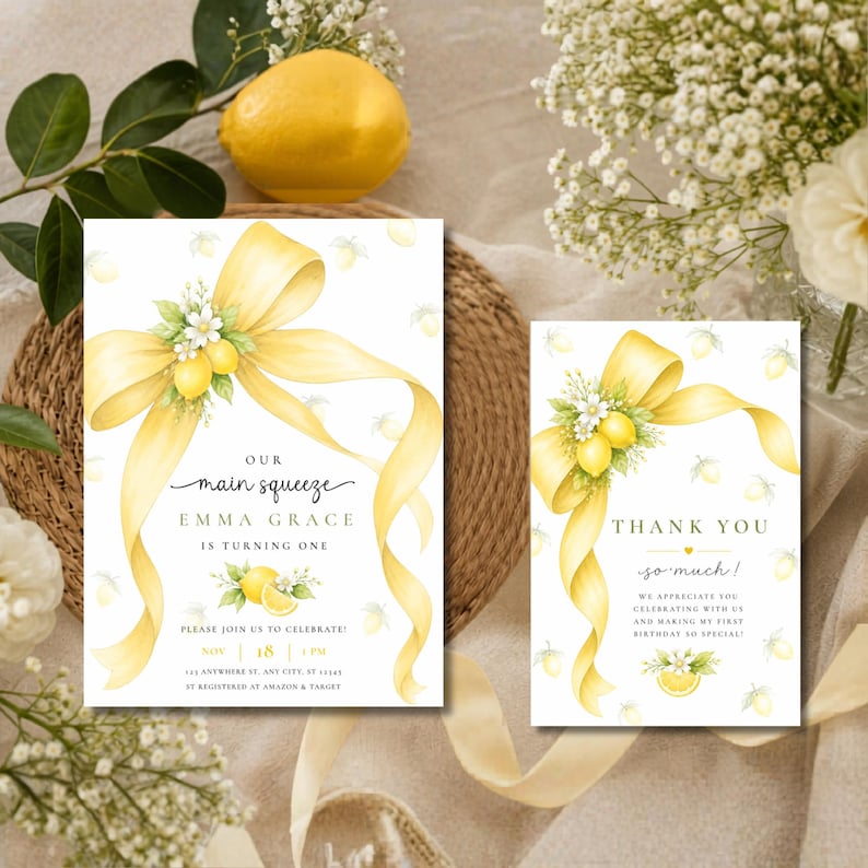 Editable Lemon First Birthday Invitation Bundle Template | Main Squeeze ...