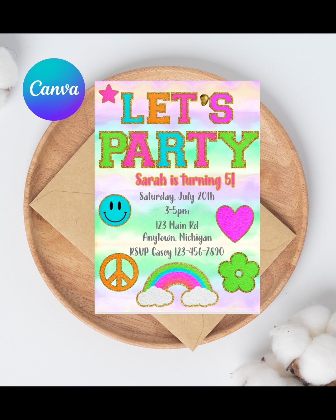 Editable Birthday Party Invitation, Varsity Patch, Sparkling Gold ...