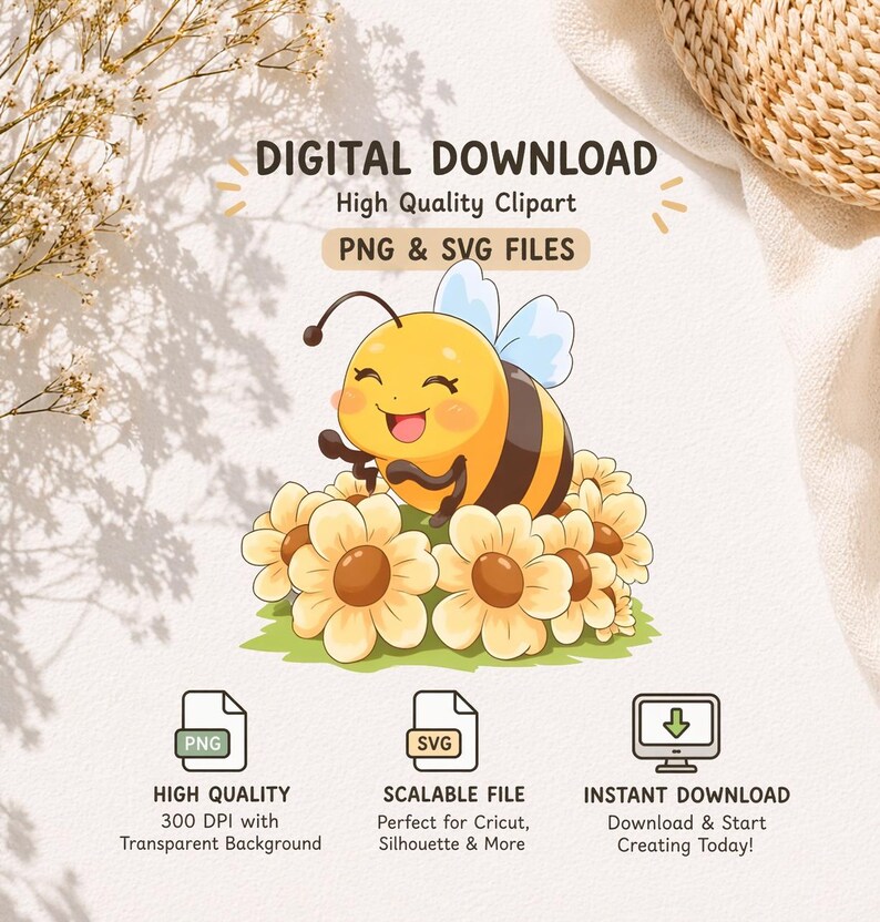 Cute Kawaii Bee Clipart, Bee PNG, Bee SVG Files for Cricut, Sublimation ...