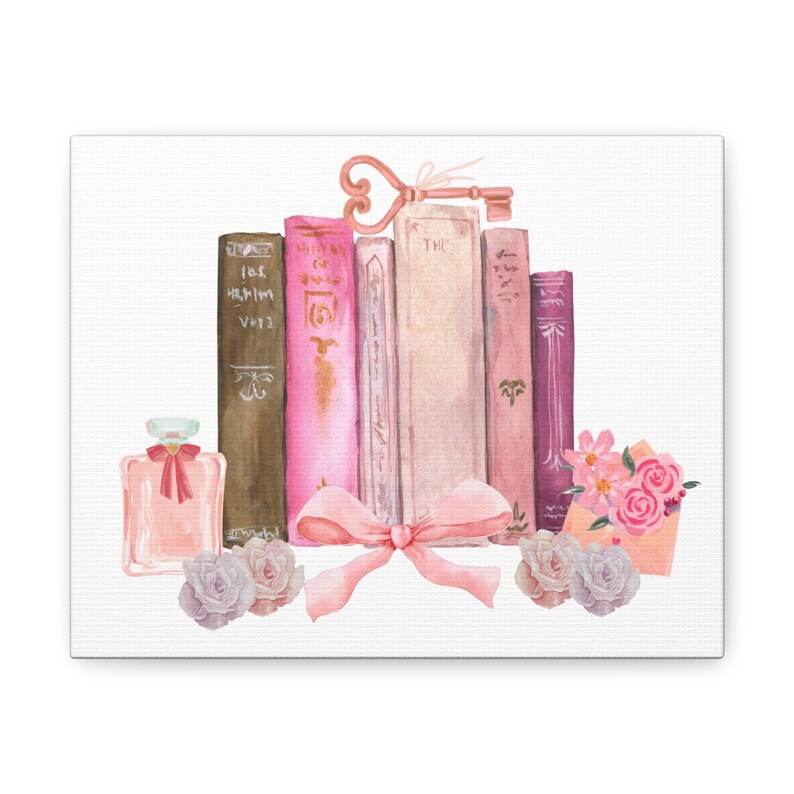 Coquette Home Decor Canvas Wrap, Pastel Print, Books Perfume Flowers ...