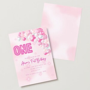 Neon Pink Balloon First Birthday Invitation, Editable Birthday Invite ...