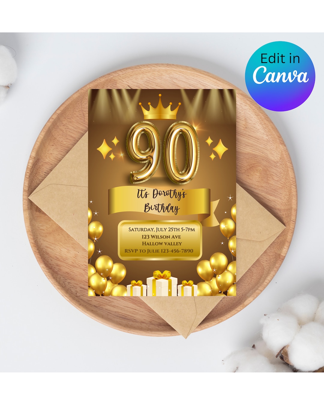 Editable 90th Birthday Invitation, 90th Birthday Invite, Digital ...