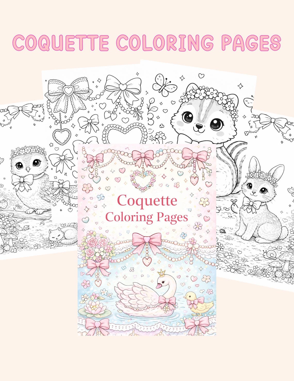 Coquette Aesthetic Coloring Pages, Pink Bows, Florals & Vintage Style ...