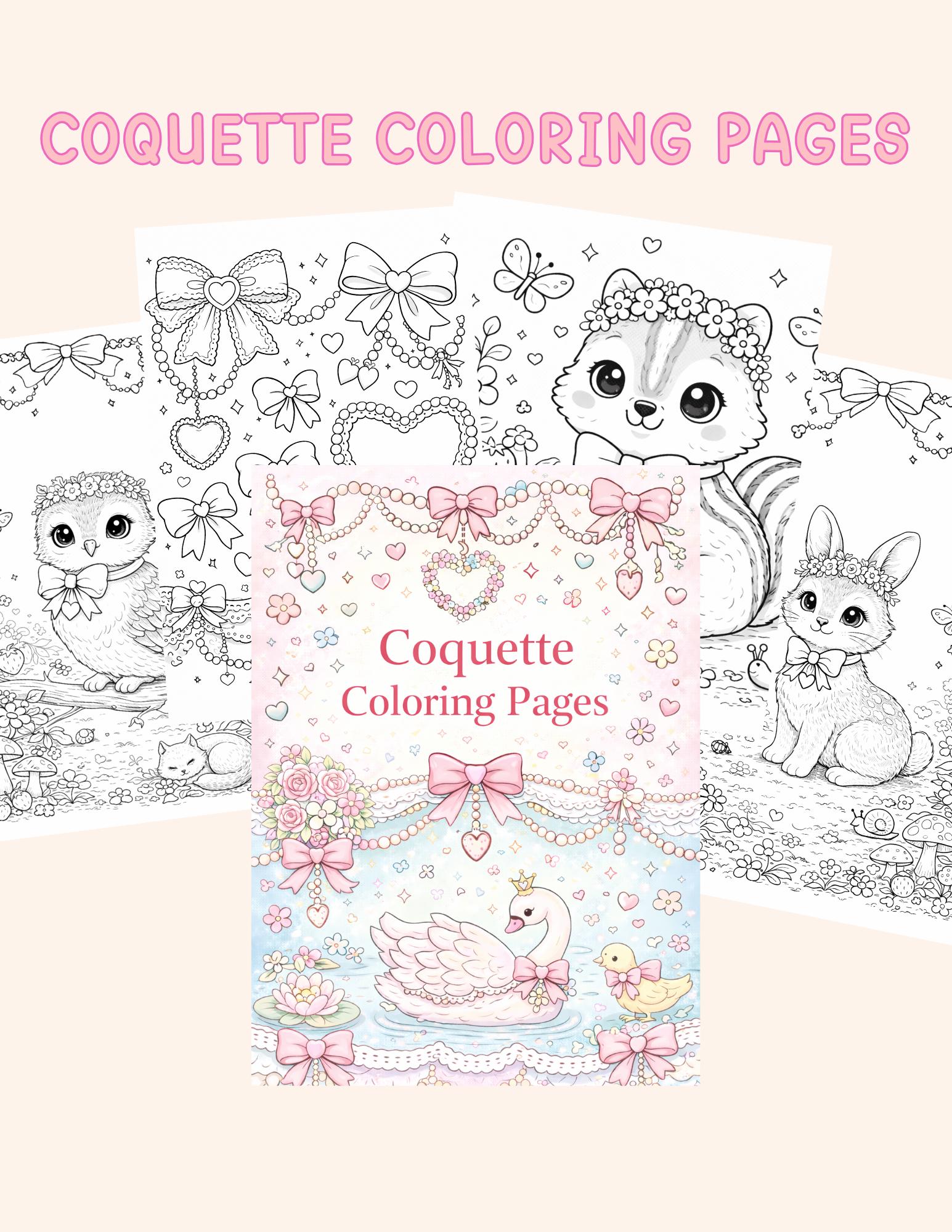 Coquette Aesthetic Coloring Pages, Pink Bows, Florals & Vintage Style ...