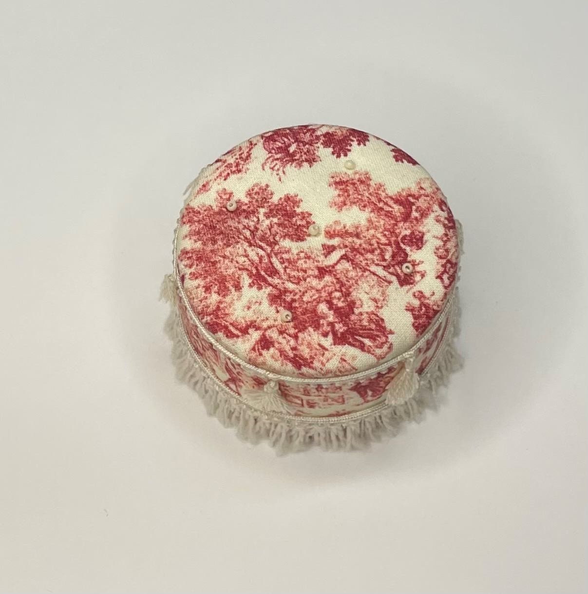 Red and Cream Toile De Jouy Dollhouse Miniature Ottoman W/ Cream Fringe ...