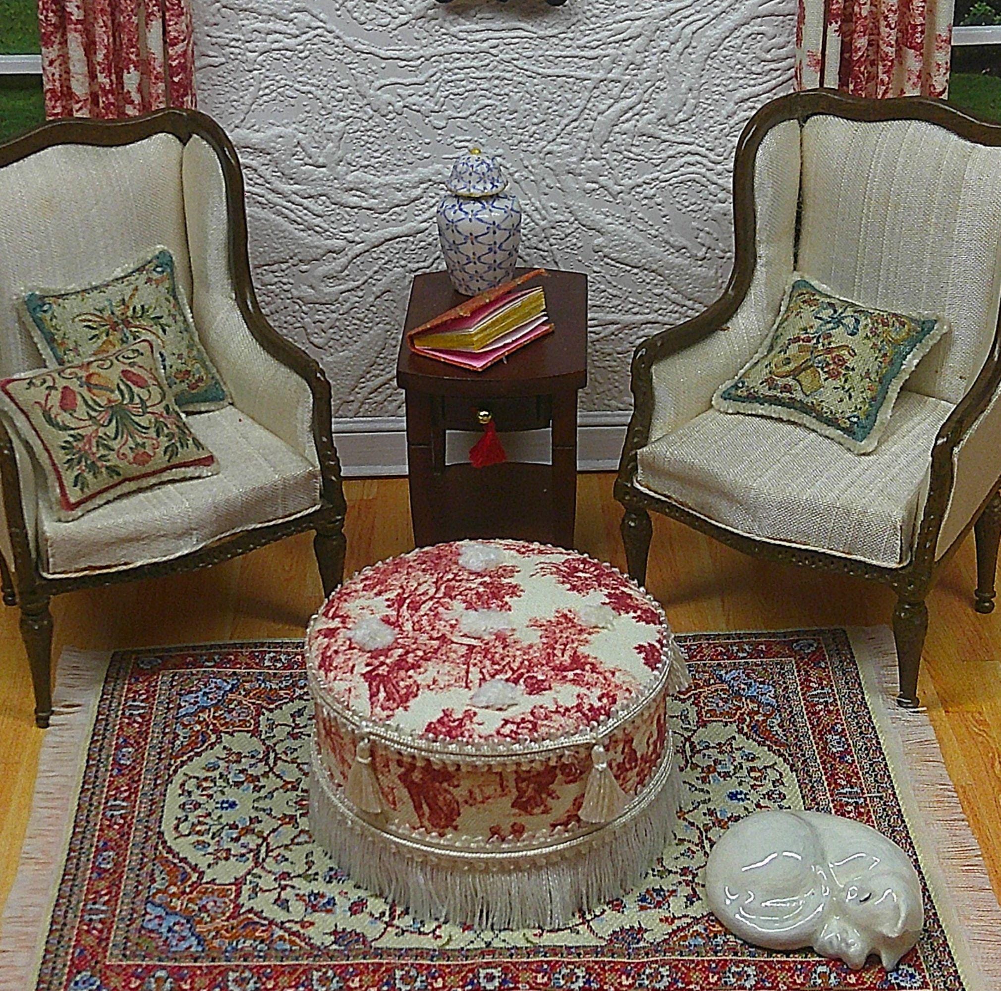 Red and Cream Toile De Jouy Dollhouse Miniature Ottoman W/ Cream Fringe ...