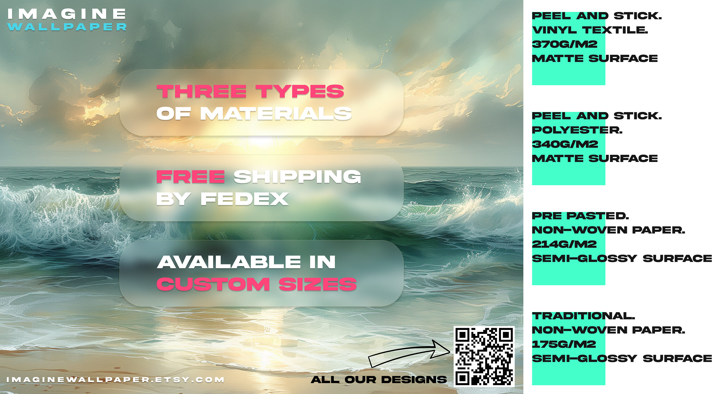 Beach Sea Wave Wallpaper, Ocean Peel & Stick Mural, Soft Watercolour ...