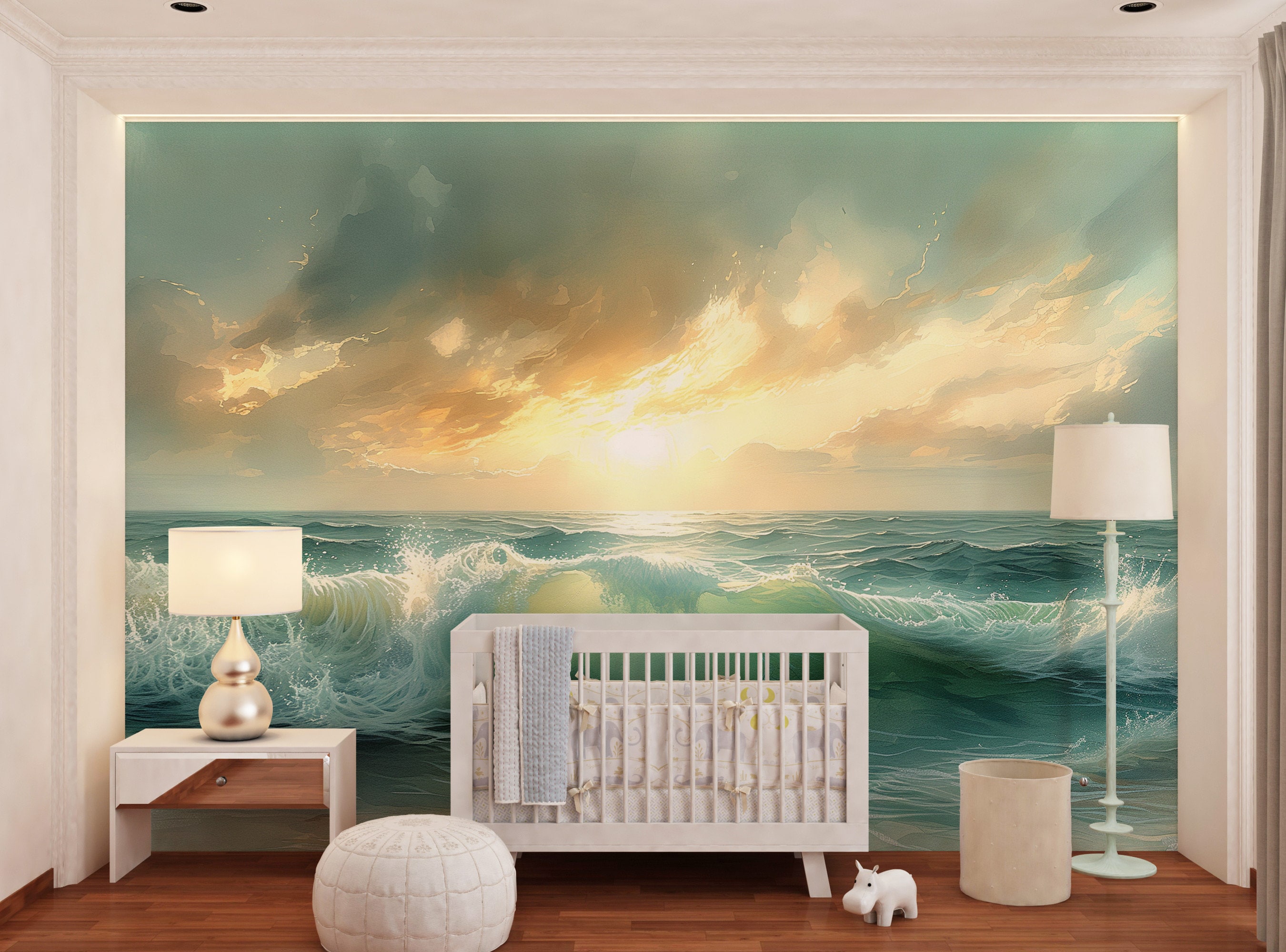 Beach Sea Wave Wallpaper, Ocean Peel & Stick Mural, Soft Watercolour ...